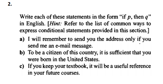 Solved 2. Write each of these statements in the form “if p, | Chegg.com