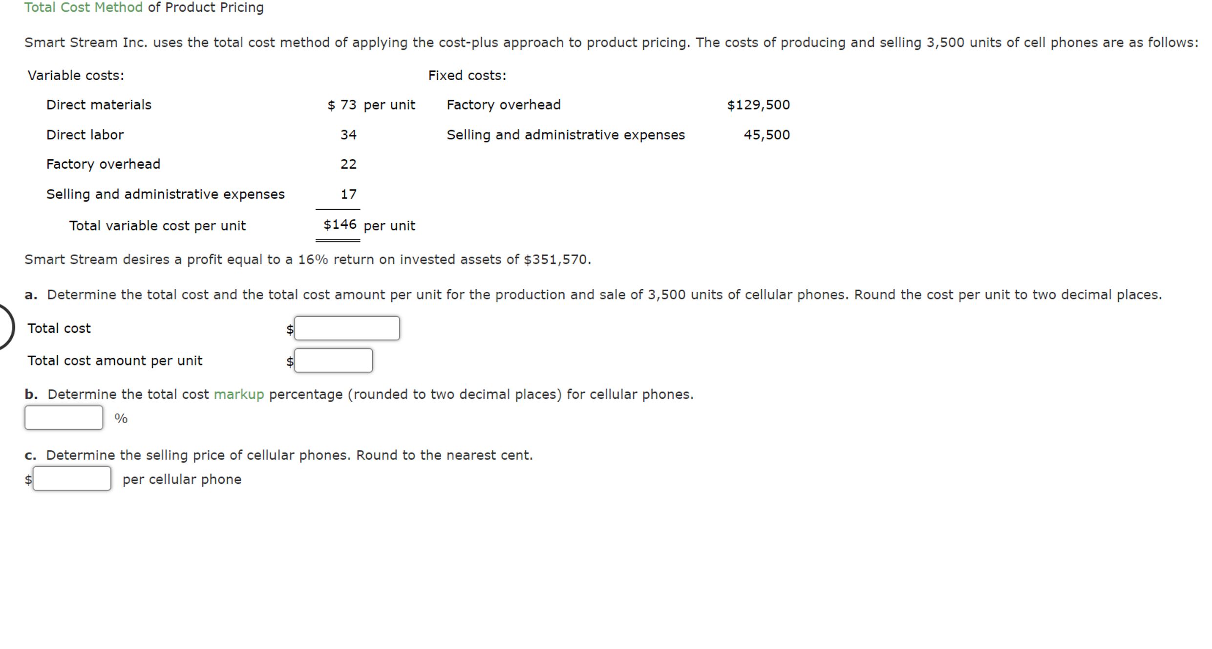 Solved Total Cost Method of Product PricingVariable | Chegg.com