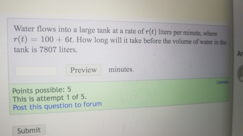 Solved Water flows into a large tank at a rate of r(t) | Chegg.com