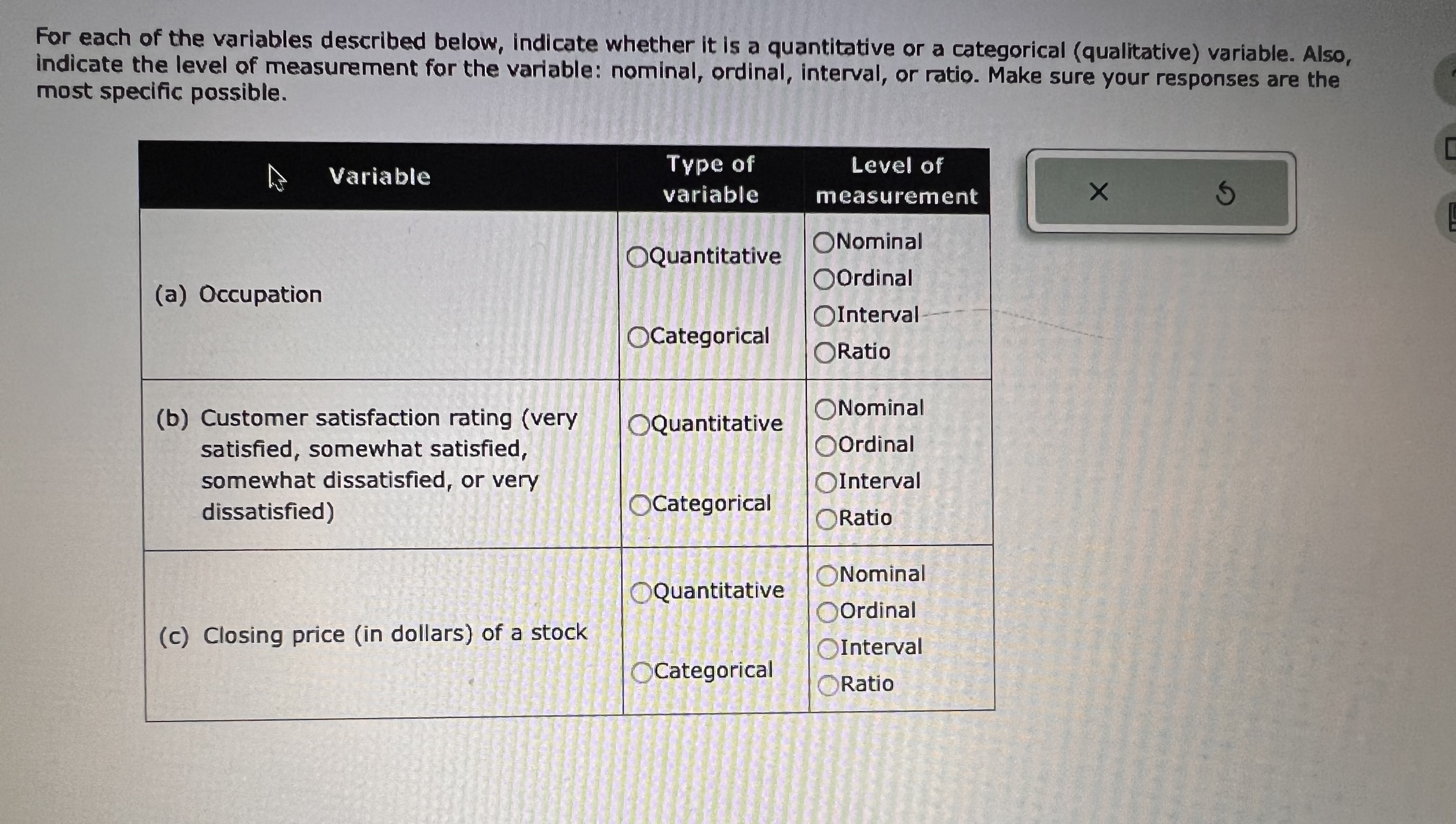 Solved each of the variables described below, indicate | Chegg.com
