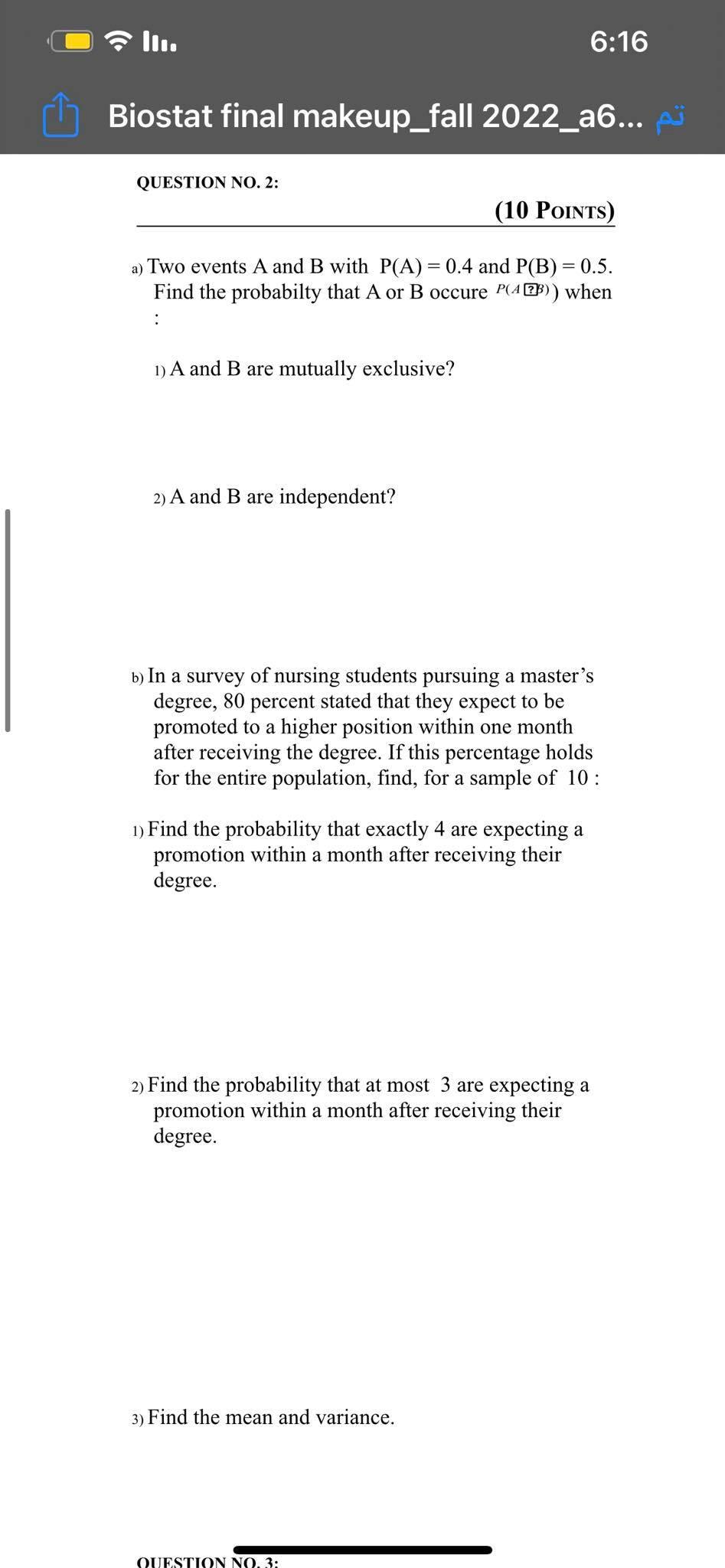 Solved Biostat final makeup_fall 2022_a6... QUESTION NO. 2: | Chegg.com