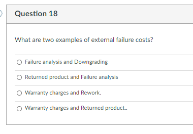 Solved Question 18 What are two examples of external failure | Chegg.com