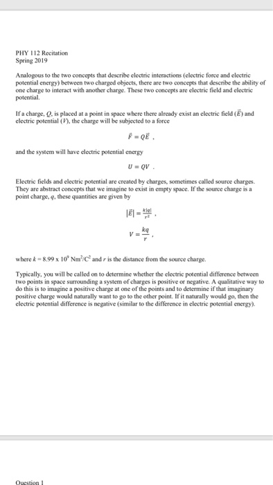 Solved PHY 112 Recitation Spring 2019 Analogous to the two | Chegg.com