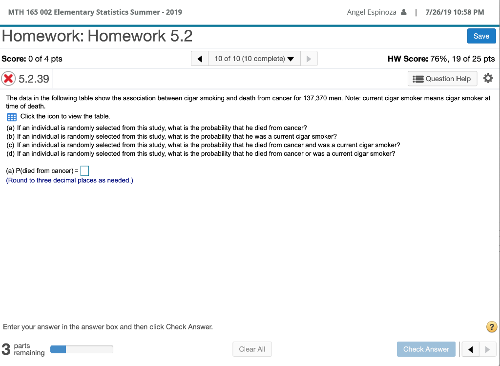Solved MTH 165 002 Elementary Statistics Summer - 2019 Angel | Chegg.com