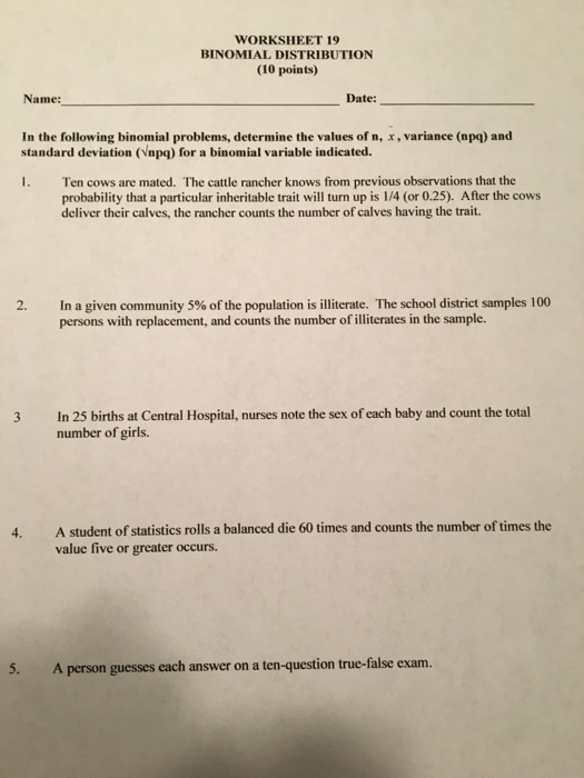 Binomial Distribution Worksheet