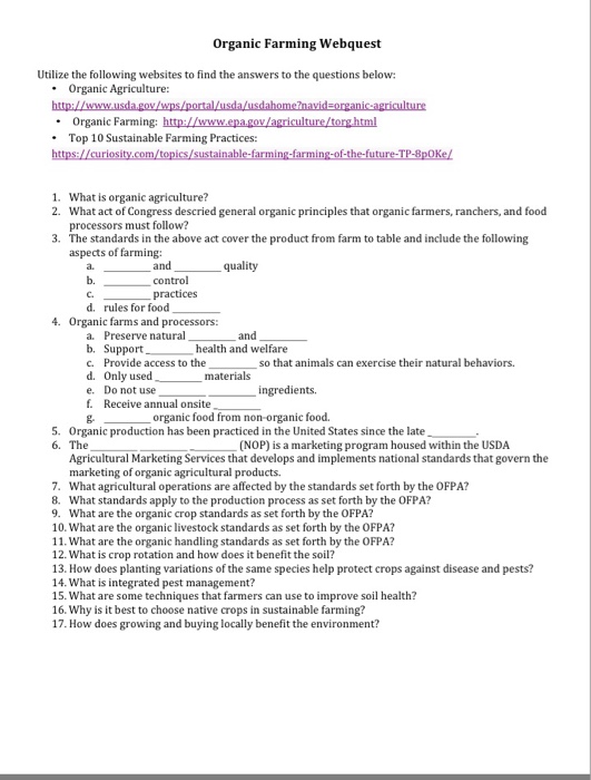 Organic Farming Webquest Utilize the following | Chegg.com