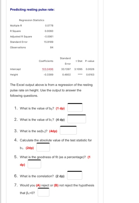 Solved Predicting resting pulse rate Regression Statistics | Chegg.com