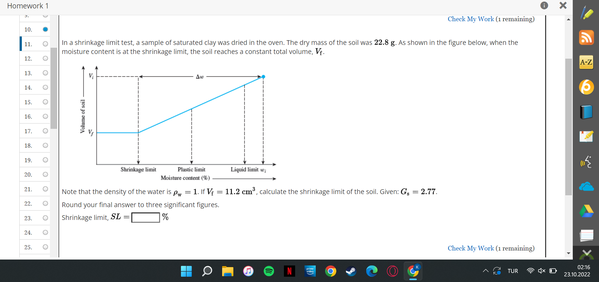 Solved In a shrinkage limit test, a sample of saturated clay | Chegg.com