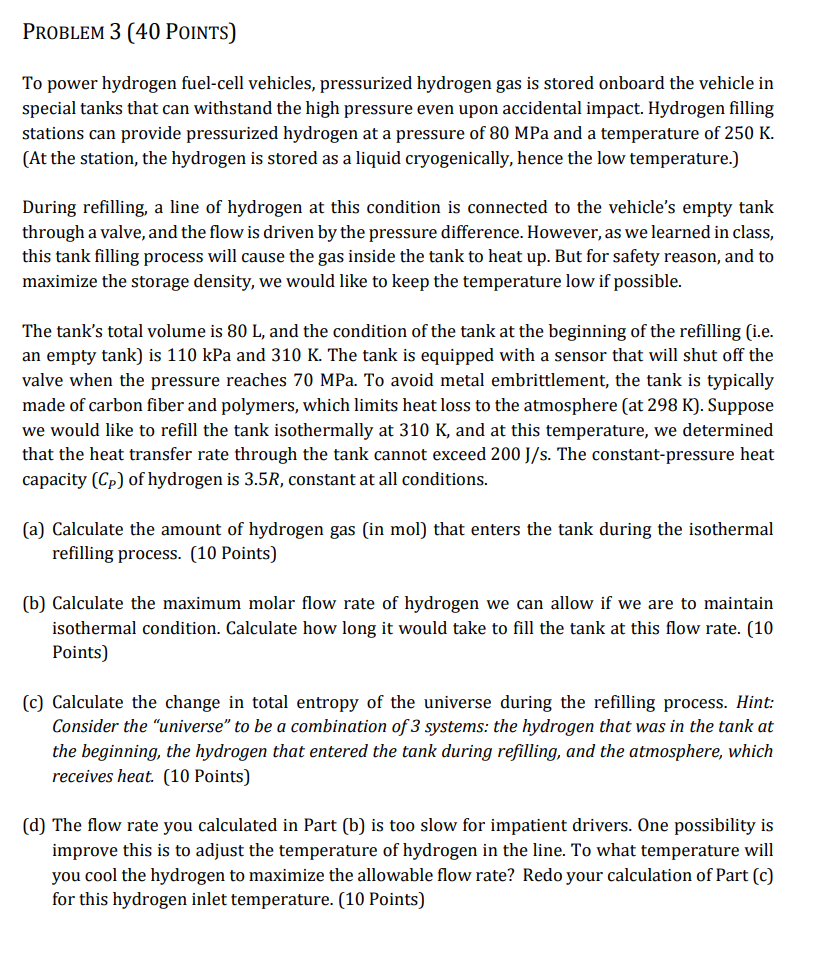 Problem 3 (40 ﻿Points) ﻿To power hydrogen fuel-cell | Chegg.com