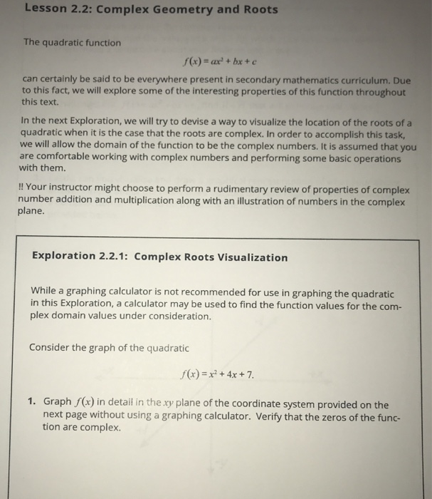 Solved Lesson 2.2: Complex Geometry and Roots The quadratic | Chegg.com