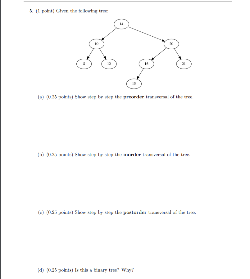 Solved 5. (1 point) Given the following tree: 10 8 12 21 15 | Chegg.com