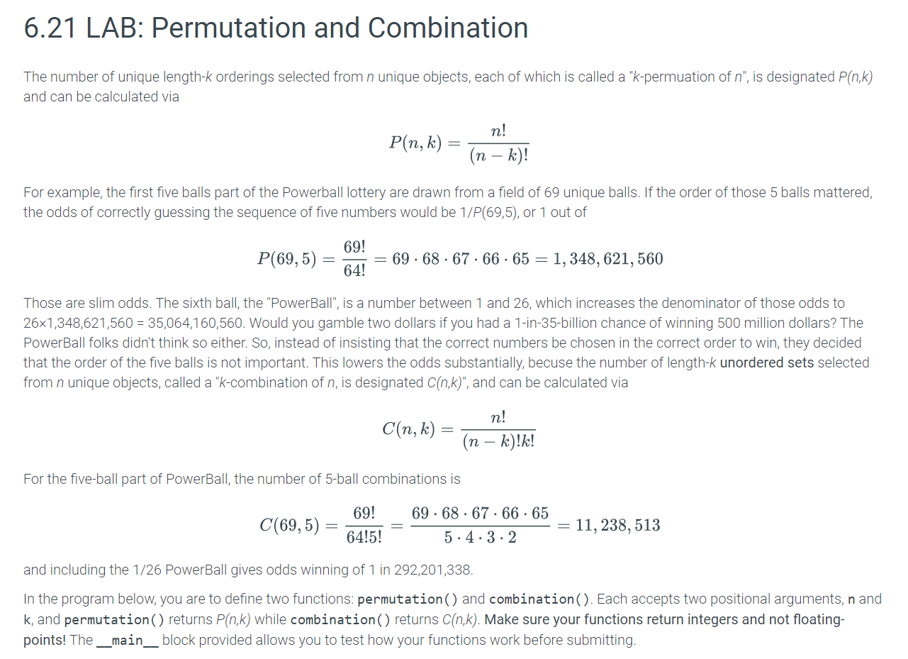 Solved 6.21 LAB: Permutation and Combination The number of | Chegg.com