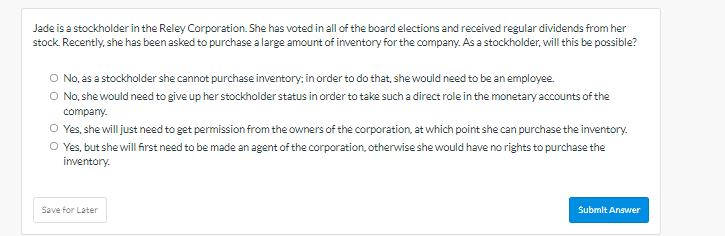 Solved Jade is a stockholder in the Reley Corporation. She | Chegg.com