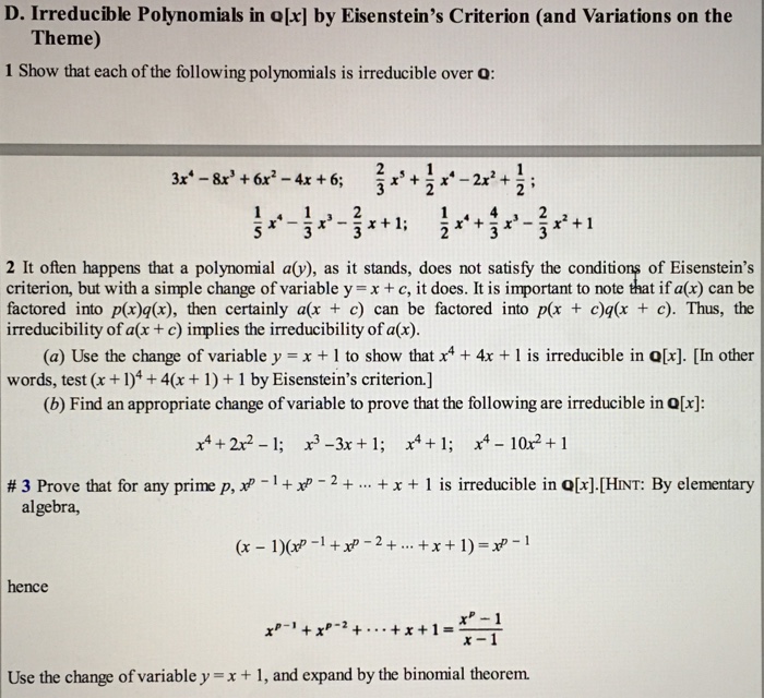 Solved D. Irreducible Polynomials in ofr] by Eisenstein's | Chegg.com