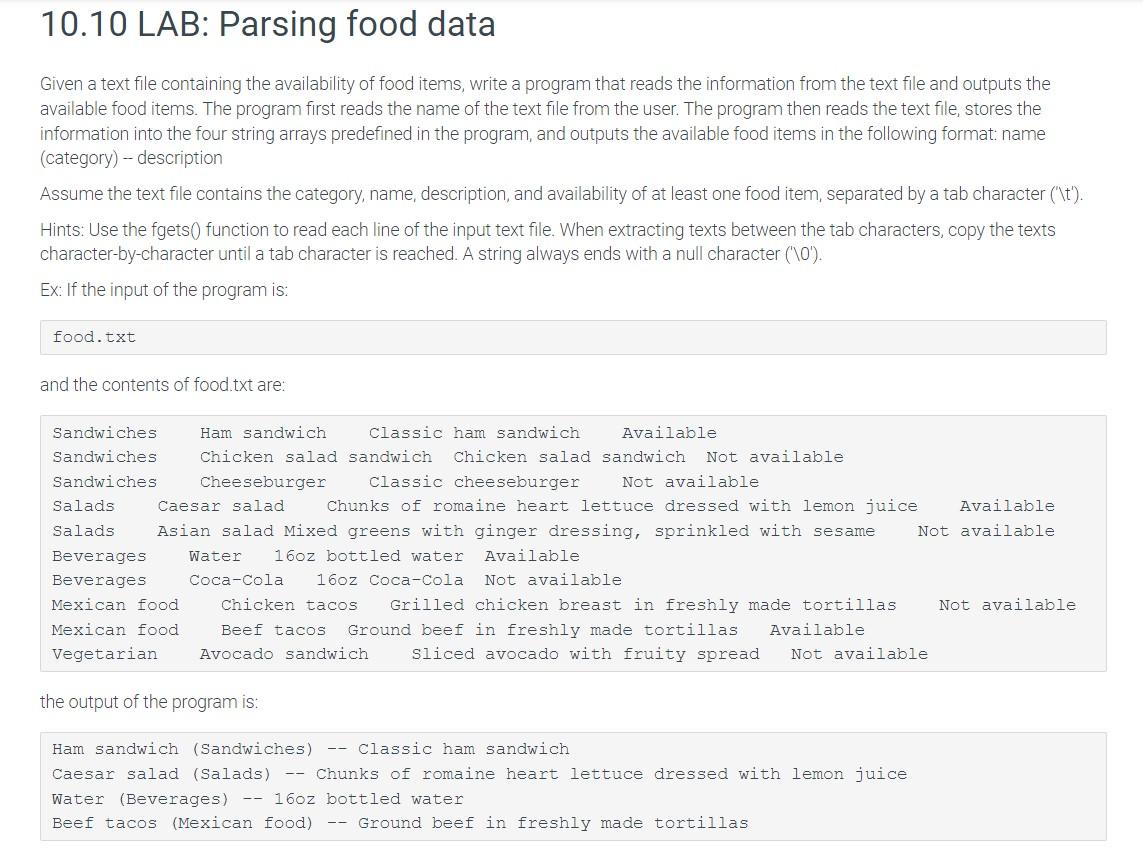 Solved 10.10 LAB: Parsing food data Given a text file | Chegg.com