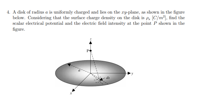 Solved 4. A disk of radius a is uniformly charged and lies | Chegg.com