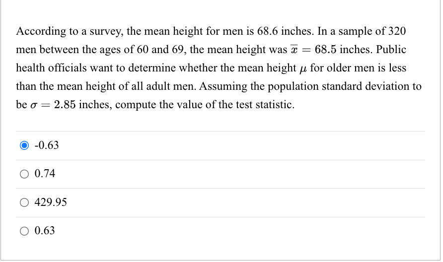 Solved According to a survey, the mean height for men is | Chegg.com