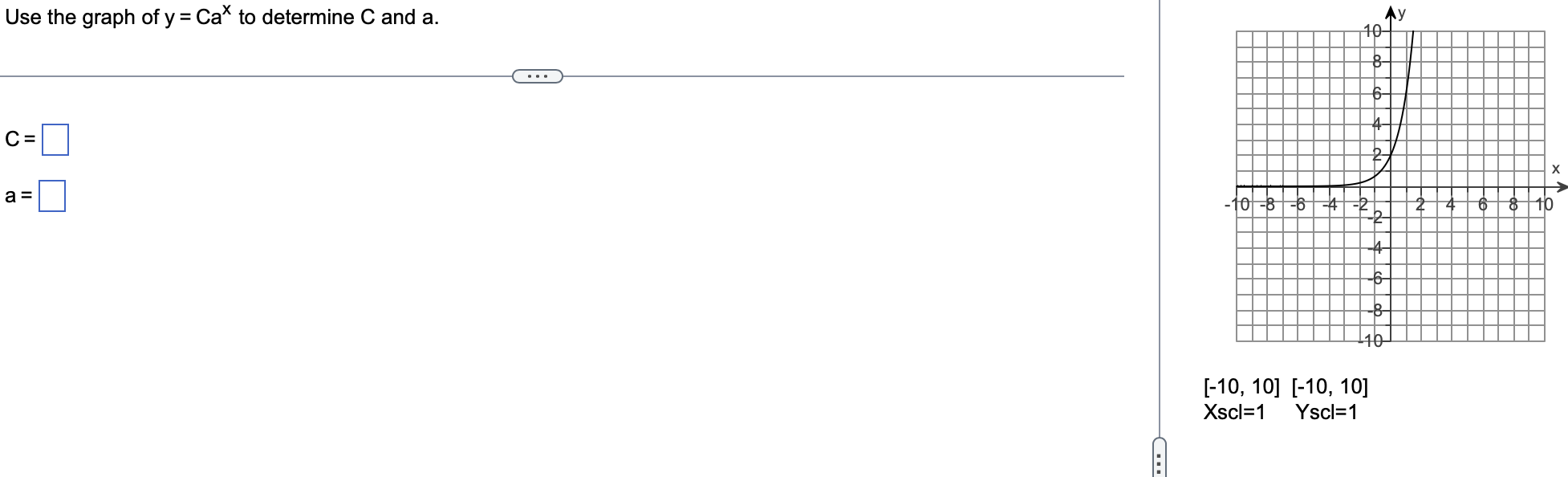 Solved Use the graph of y = Cať to determine C and a. 10- 8 | Chegg.com