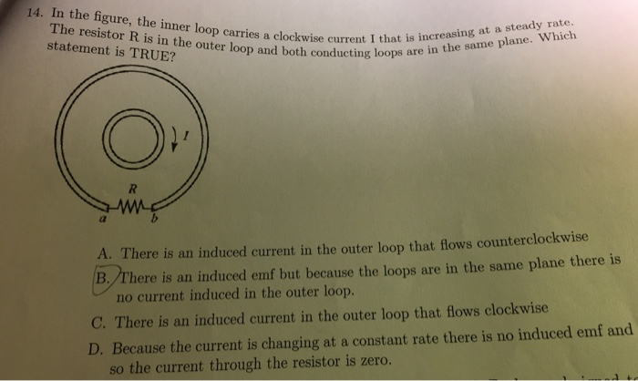Solved 14. In the figure, the inner loop carries a clockwise | Chegg.com