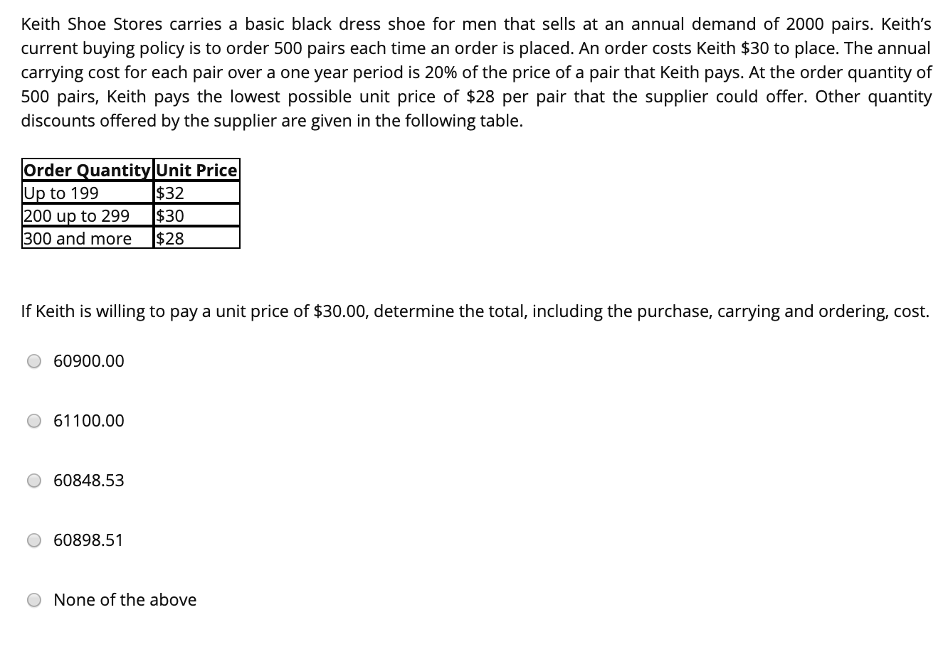 Solved Keith Shoe Stores carries a basic black dress shoe | Chegg.com