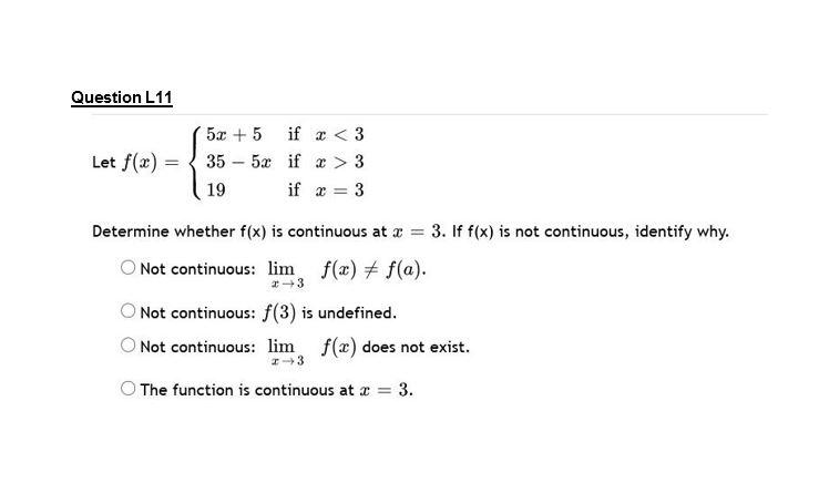 Solved Let f(x)=⎩⎨⎧5x+535−5x19 if x 3 if x=3 | Chegg.com
