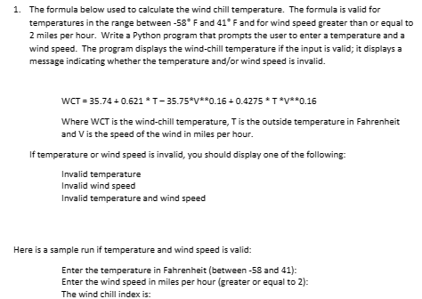 Solved 1. The formula below used to calculate the wind chill | Chegg.com