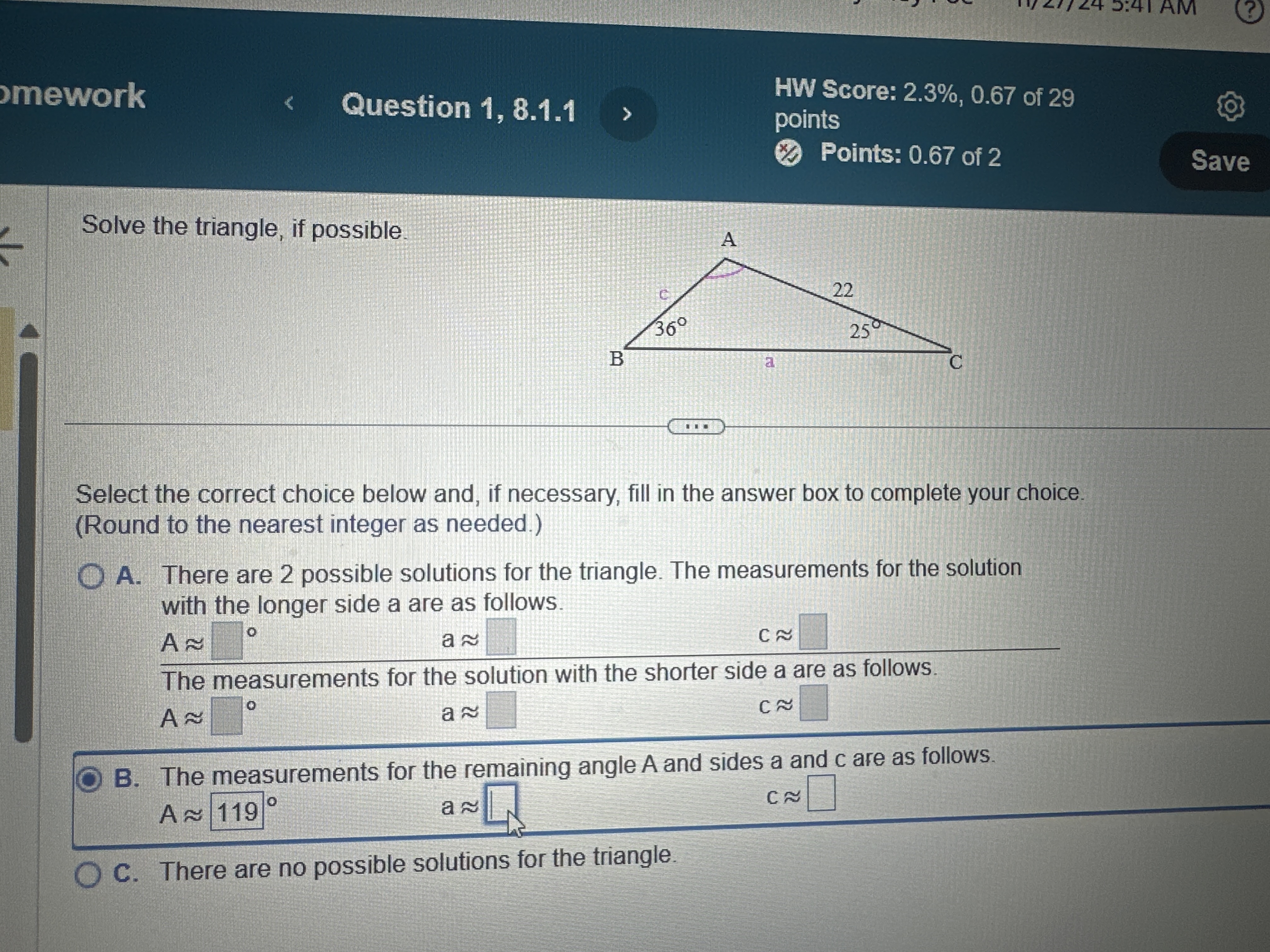 Solved Solve the triangle, if possible.Select the correct | Chegg.com
