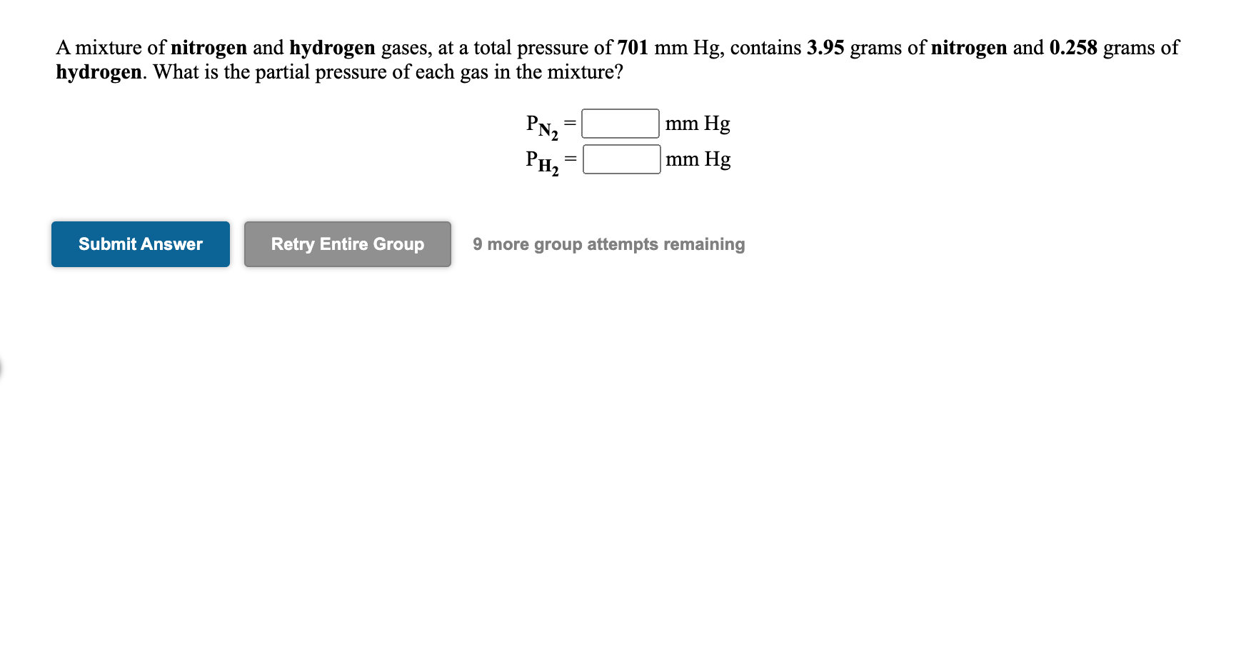 Solved A mixture of nitrogen and hydrogen gases, at a total | Chegg.com