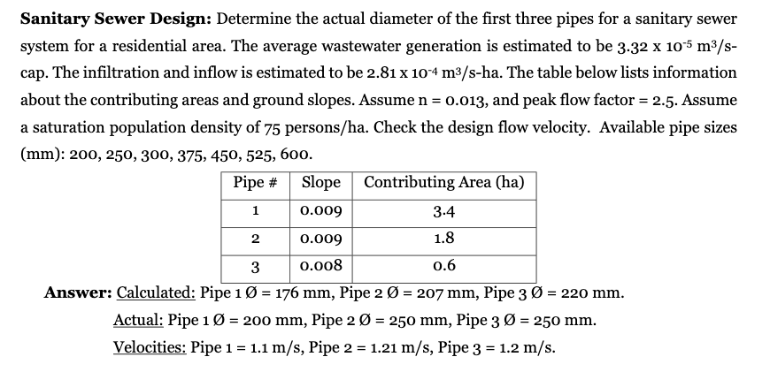 Solved Sanitary Sewer Design: Determine the actual diameter | Chegg.com