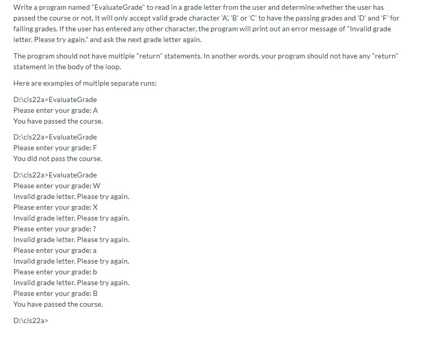 Solved Write a program named "Evaluate Grade" to read in a | Chegg.com