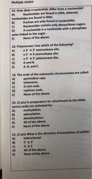 Solved Multiple choice: 14. How does a nucleotide differ | Chegg.com