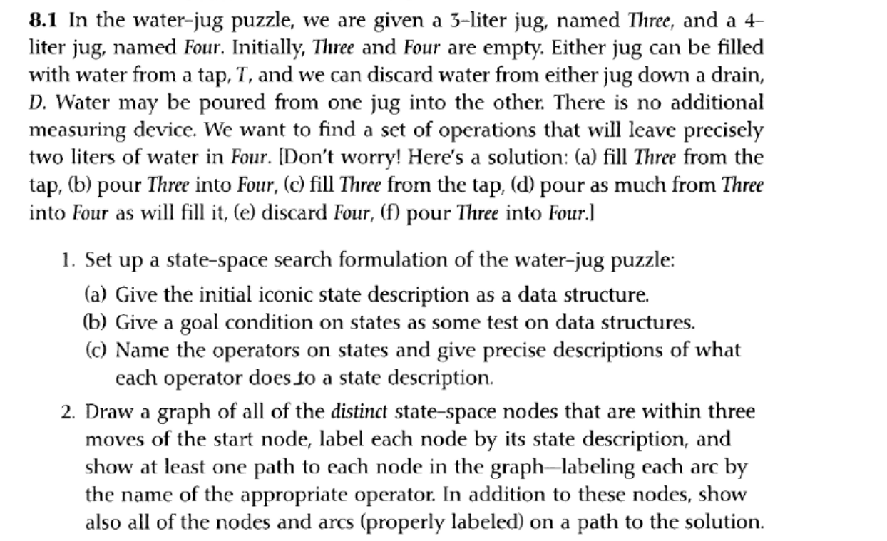 Solved 8.1 In the water-jug puzzle, we are given a 3-liter | Chegg.com
