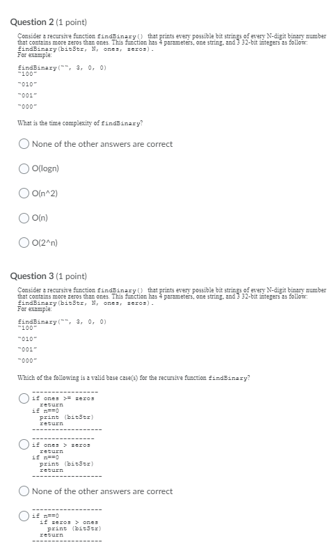 Solved Question 2 (1 point) Consider a recursive function | Chegg.com