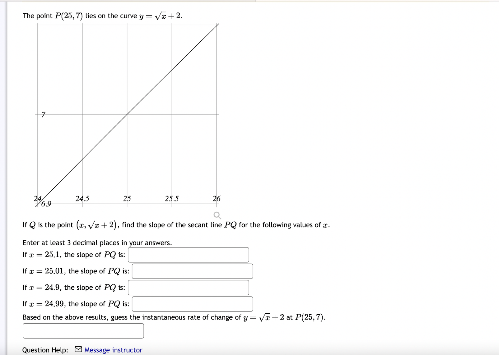 Solved The point P(25,7) lies on the curve y=x+2. If Q is | Chegg.com