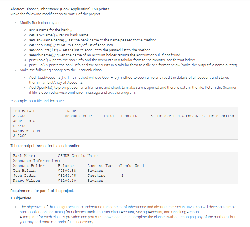 Abstract Classes, Inheritance (Bank Application) 150 | Chegg.com