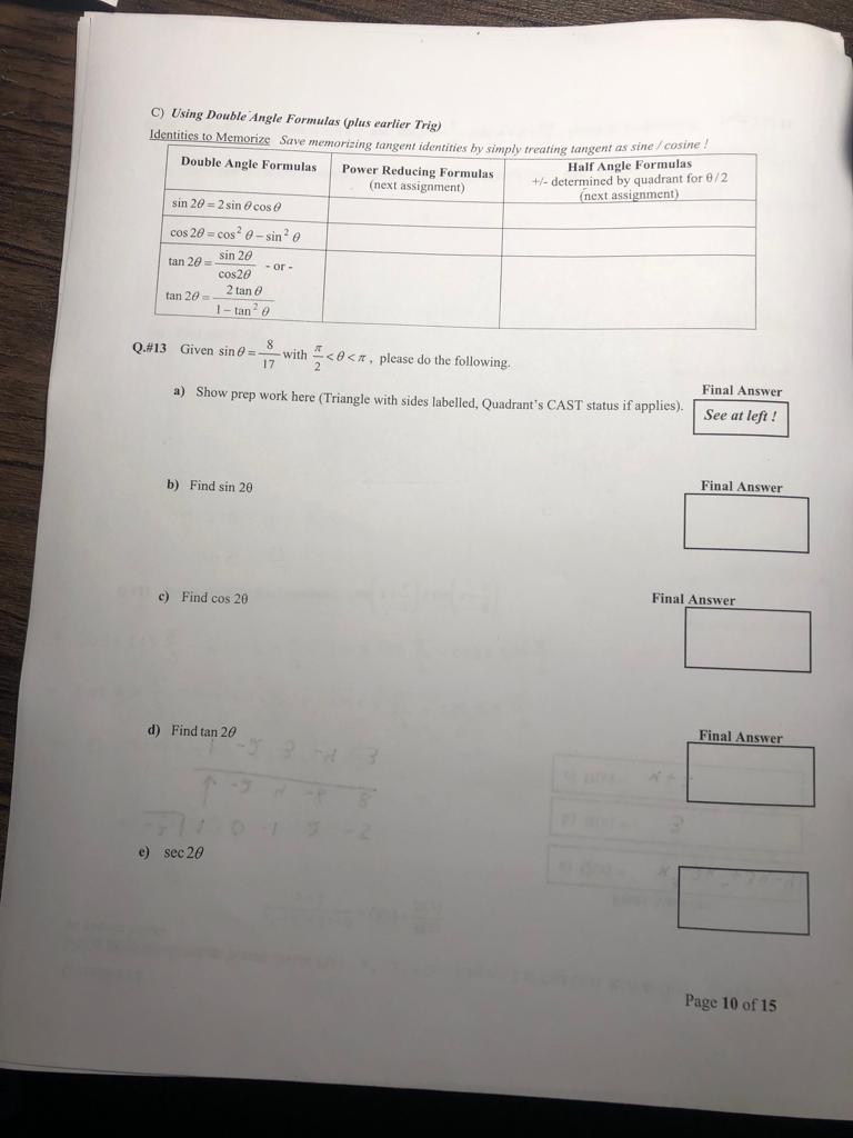 Solved C) Using Double Angle Formulas (plus earlier Trig) | Chegg.com