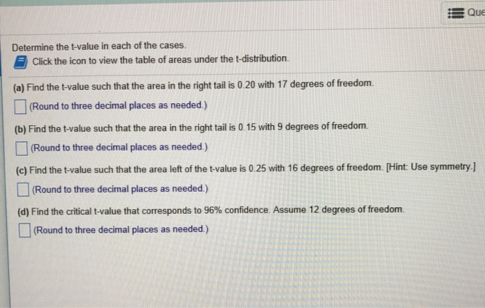 Solved Determine the t-value in each of the cases. (a) Find | Chegg.com