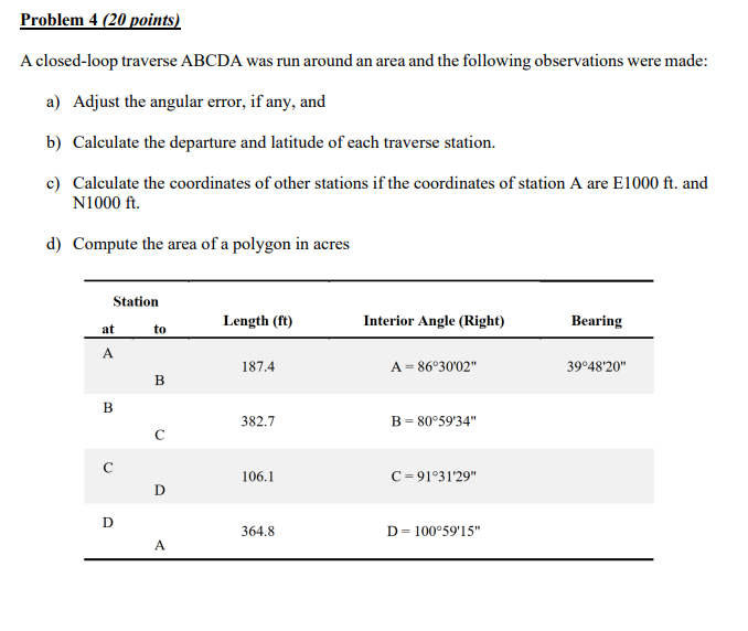 Solved Problem 4 (20 points) A closed-loop traverse ABCDA | Chegg.com