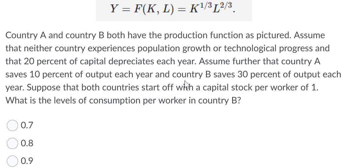 Solved Y = F(K, L) = K13L2/3. Country A and country B both | Chegg.com
