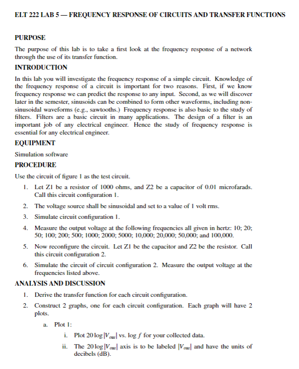 Solved ELT 222 LAB 5 – FREQUENCY RESPONSE OF CIRCUITS AND | Chegg.com