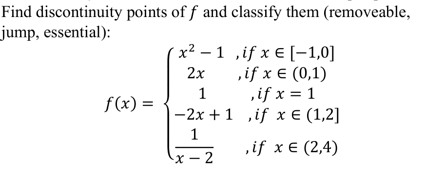 Solved Find discontinuity points of f and classify them | Chegg.com