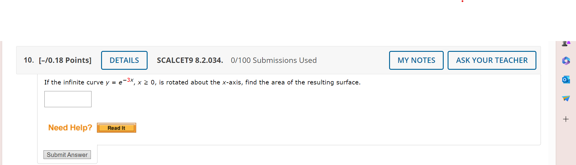 Solved If the infinite curve y=e−3x,x≥0, is rotated about | Chegg.com