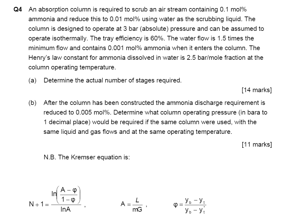 Solved An absorption column is required to scrub an air | Chegg.com
