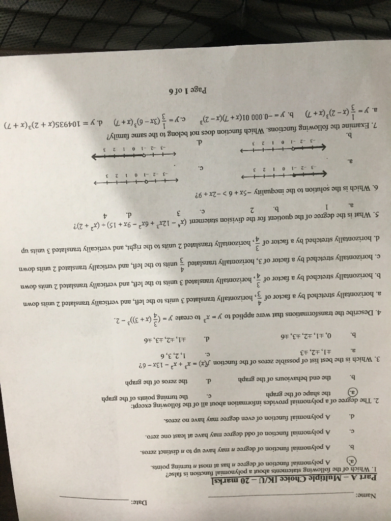 Solved Date: Name: Part A - Multiple Choice (K/U - 20 marks] | Chegg.com