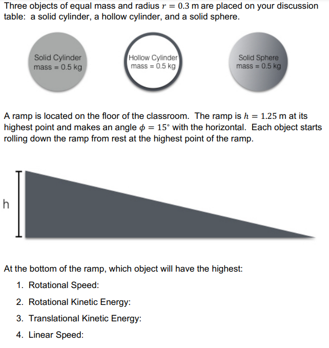 Solved Three objects of equal mass and radius r = 0.3 m are | Chegg.com