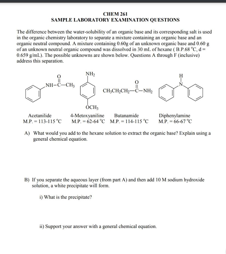 Solved CHEM 261 SAMPLE LABORATORY EXAMINATION QUESTIONS The | Chegg.com