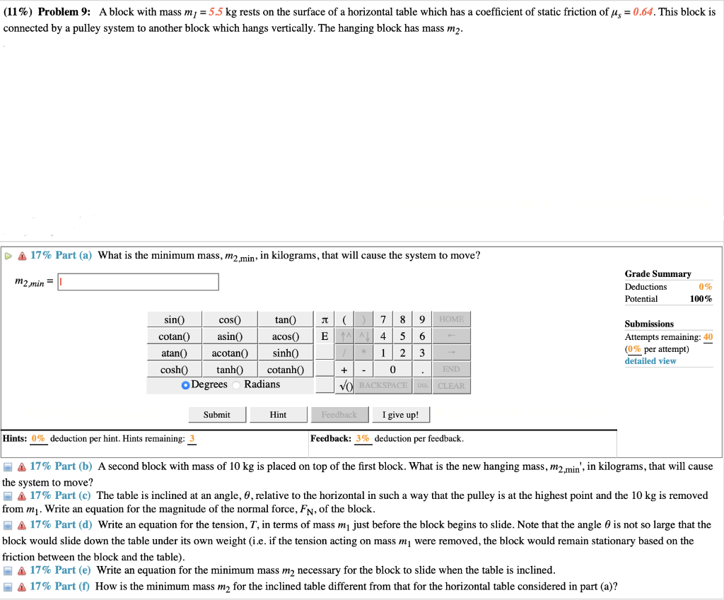 Solved (11\%) Problem 9: A block with mass ml=5.5 kg rests | Chegg.com