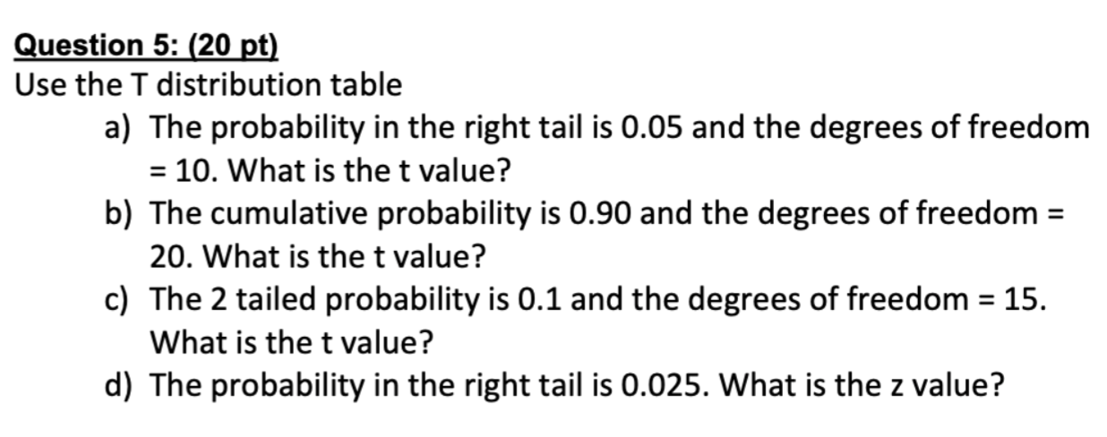 Solved Question 5: (20 pt) Jse the T distribution table a) | Chegg.com