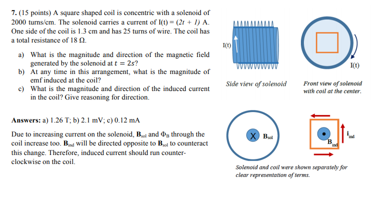 Solved I(t) 7. (15 points) A square shaped coil is | Chegg.com