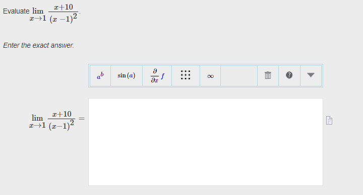 Solved Evaluate limx→1(x−1)2x+10. Enter the exact answer. | Chegg.com